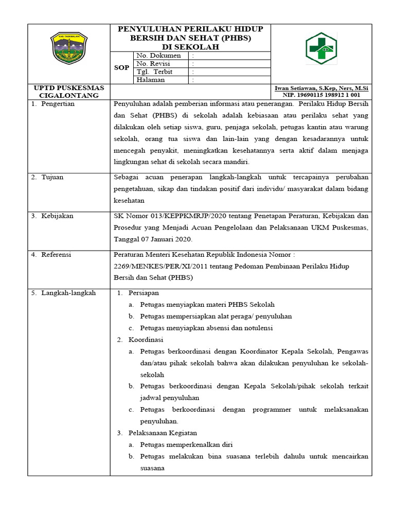 Penyuluhan PHBS di Sekolah: Panduan SOP | PDF