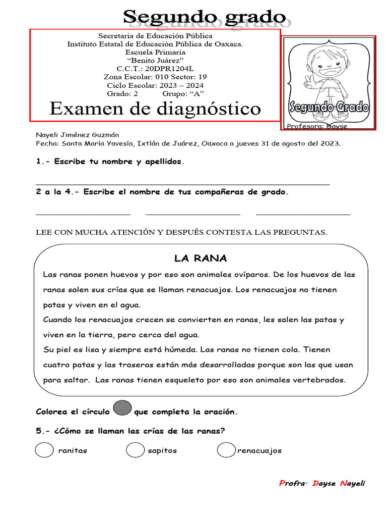 Examen Diagnóstico 2° Grado Primaria | PDF | Rana