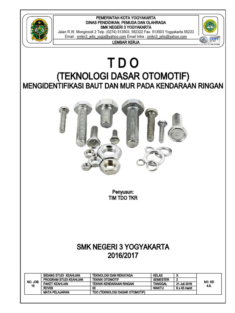 Job Sheet TDO 16 Mengidentifikasi Baut Dan Mur | PDF