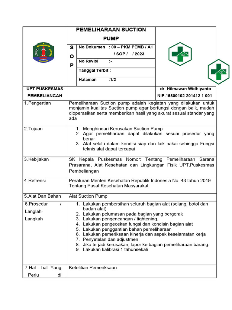 Sop Pemeliharaan Suction Pump | PDF