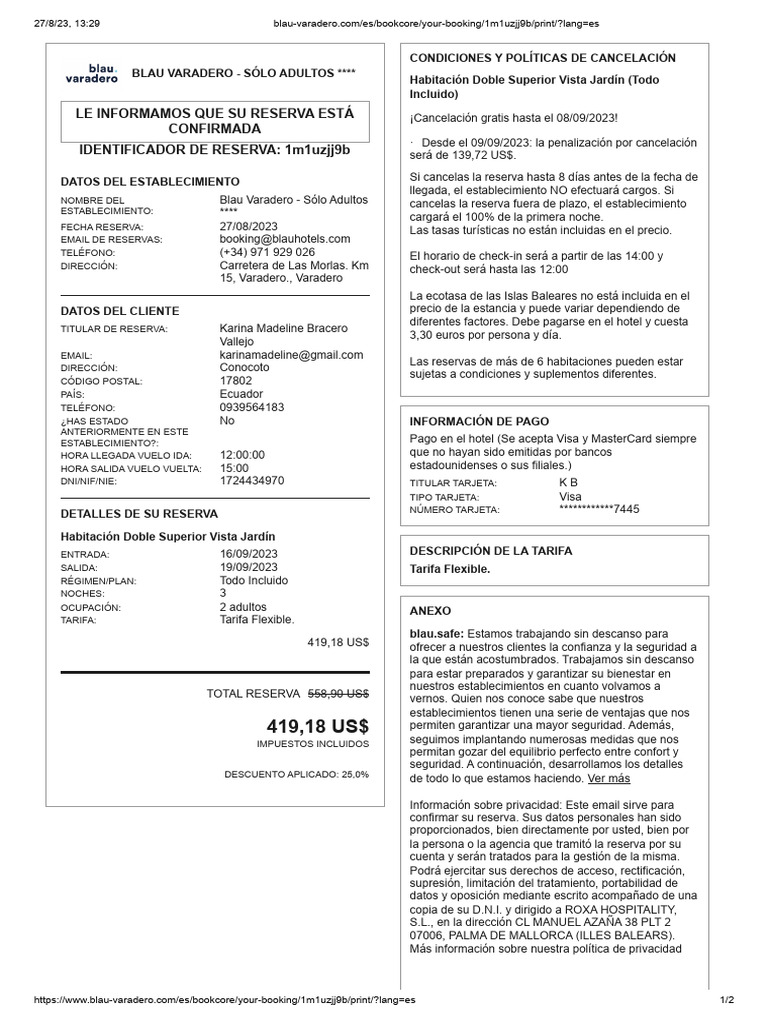 Reserva Confirmada en Blau Varadero | PDF
