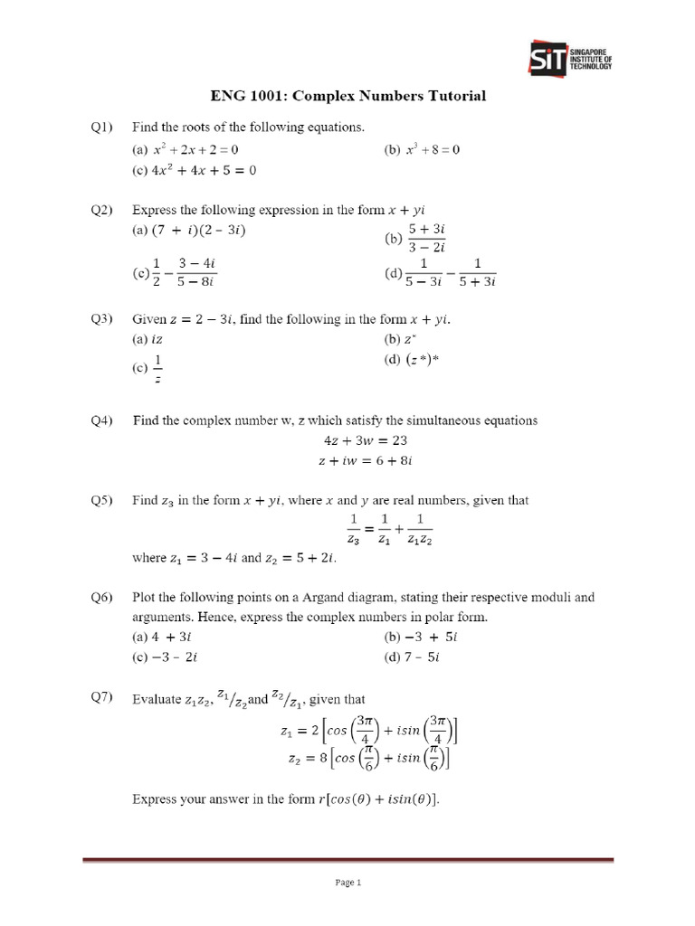 ENG1001 Tutorial 1 (Complex Numbers) - EnG1001-Engineering Mathematics 1-L1 (2022 - 23 T1) | PDF