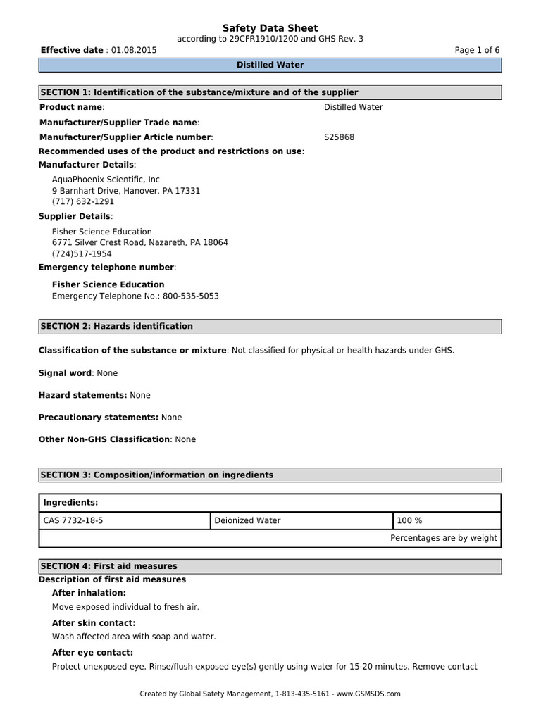 Distilled Water Safety Data Sheet | PDF | Dangerous Goods | Toxicity