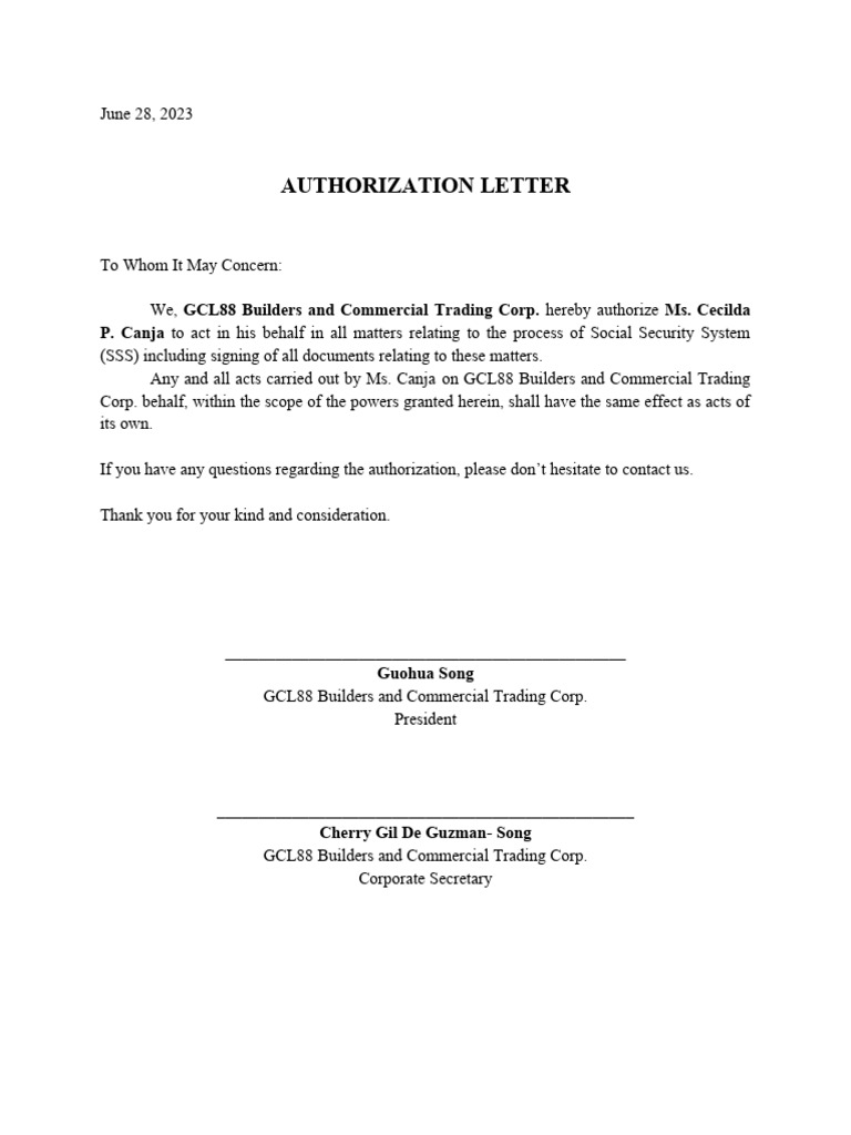 Authorization Letter - SSS | PDF