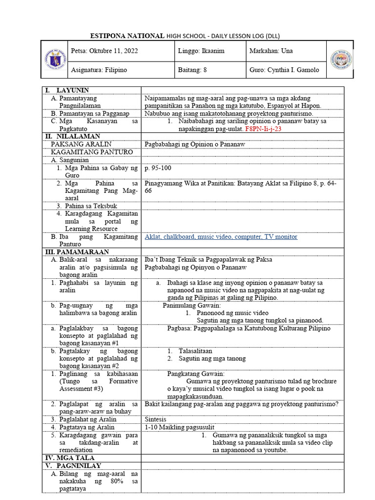 DLL-TEMPLATE Filipino 8 - Pangwakas Na Gawain1 | PDF