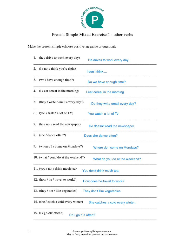 Present Simple Form Mixed Exercise 1 Other Verbs | PDF | Linguistics
