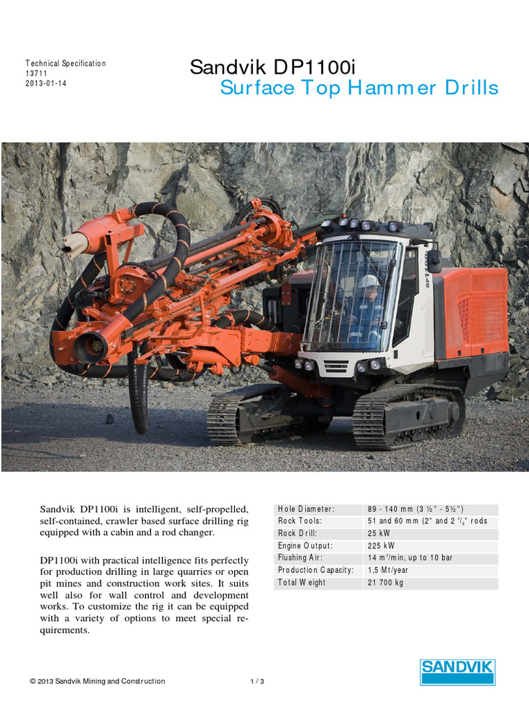 Sandvik DP1100i: Surface Top Hammer Drills | PDF | Drill | Pump