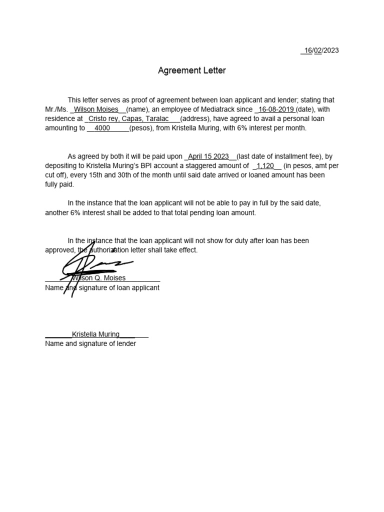 Agreement Letter For Lending.2023 | PDF