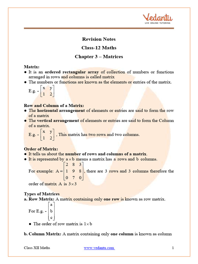 Class 12 Revision Notes Matrices | Download Free PDF | Matrix ...
