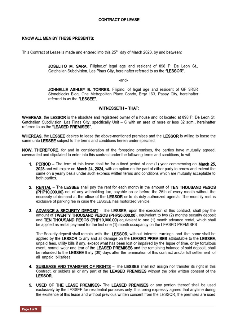LEASE CONTRACT P de Leon Unit C-2023 | PDF | Lease | Common Law