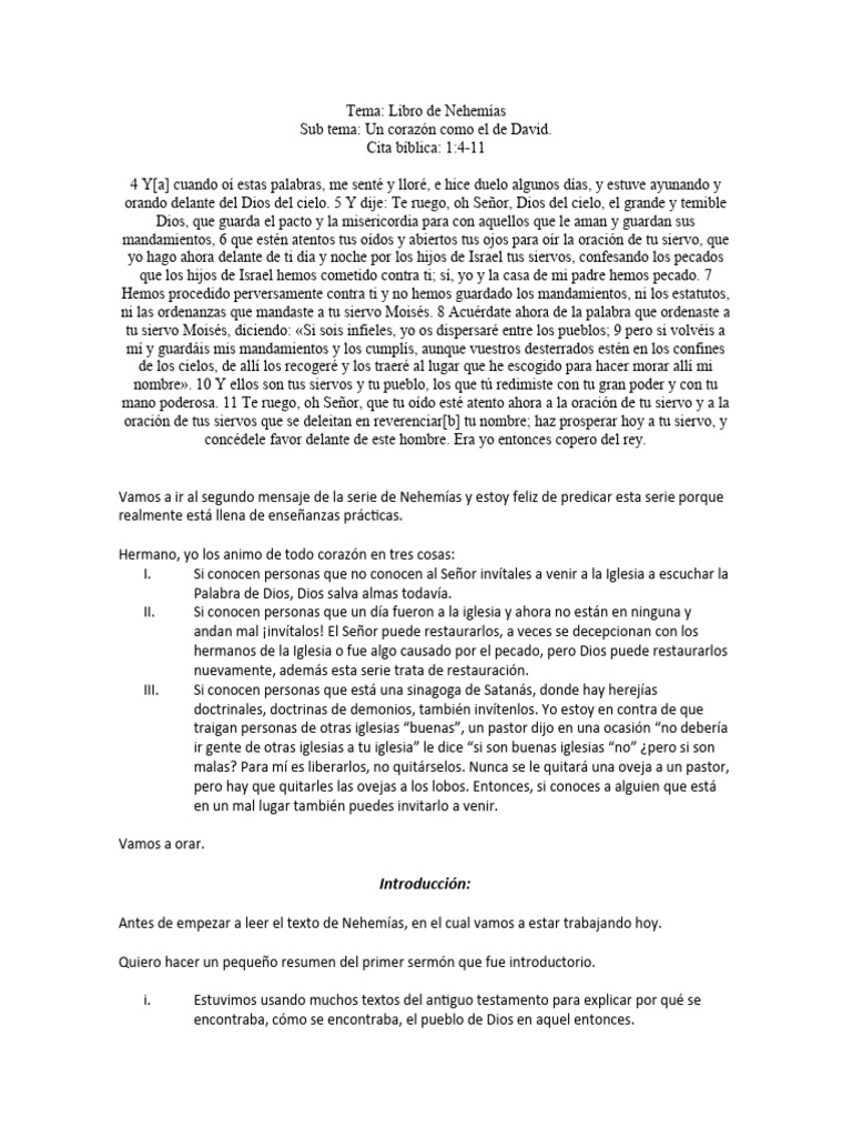 Nehemias 1 4 11 Un Corazon Como El de David | PDF | Oración | Pecado
