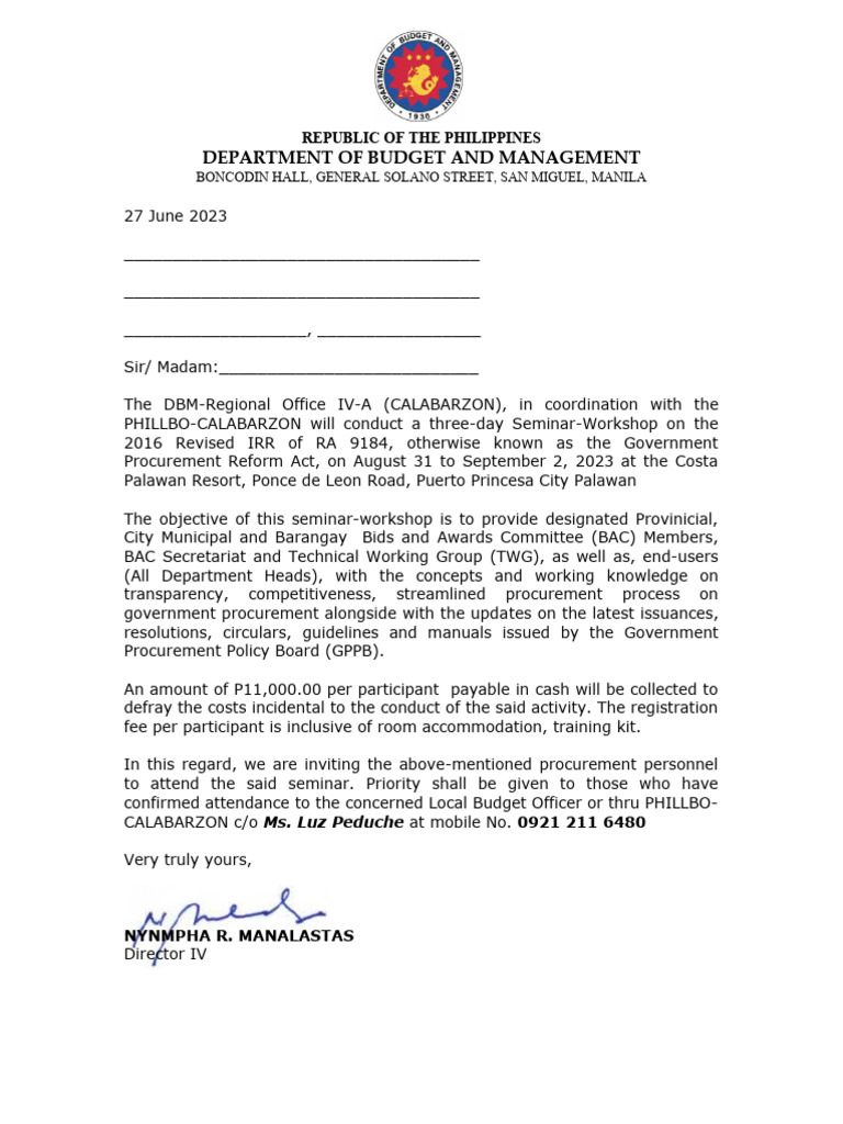 Invitation Letter For Seminar On Procurement August 31 To September 2 ...