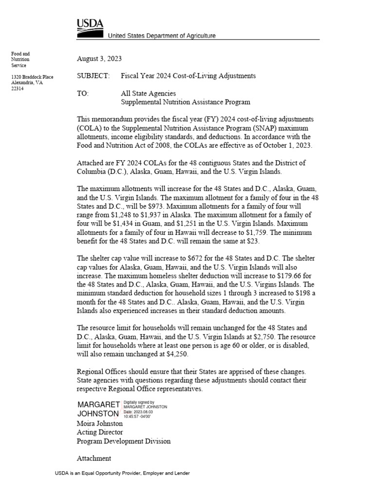 Fy24 Snap Cola Memo | PDF | Cost Of Living | Supplemental Nutrition ...