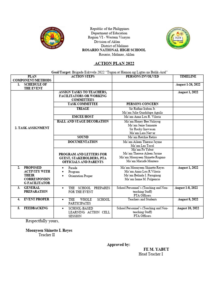 Action Plan - Brigada Eskwela 2022 | PDF | Bees