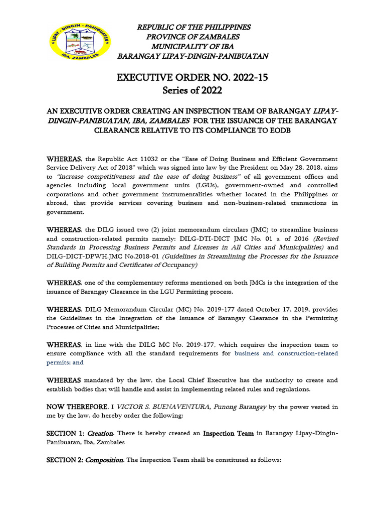 Annex 1 - Barangay Executive Order Creating Inspection Team For The ...