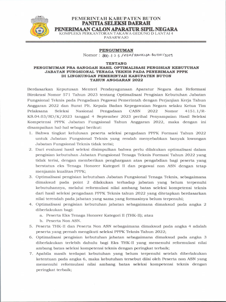 Pengumuman Hasil Optimalisasi PPPK Teknis - Kab. Buton | PDF