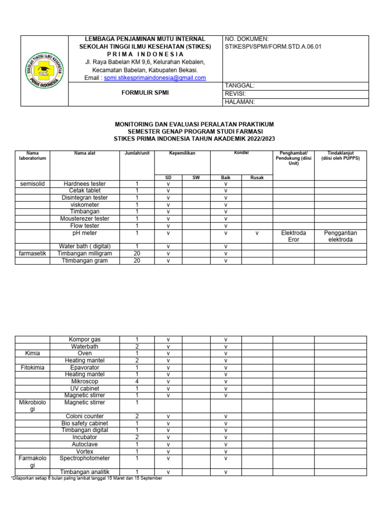 Formulir Monitoring Dan Evaluasi Peralatan Praktikum | PDF