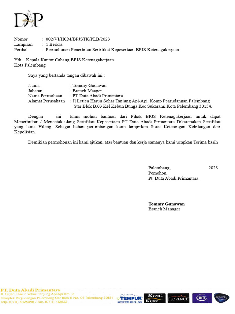 002 Surat Permohonan Penerbitan Sertifikat BPJSTK DAP | PDF