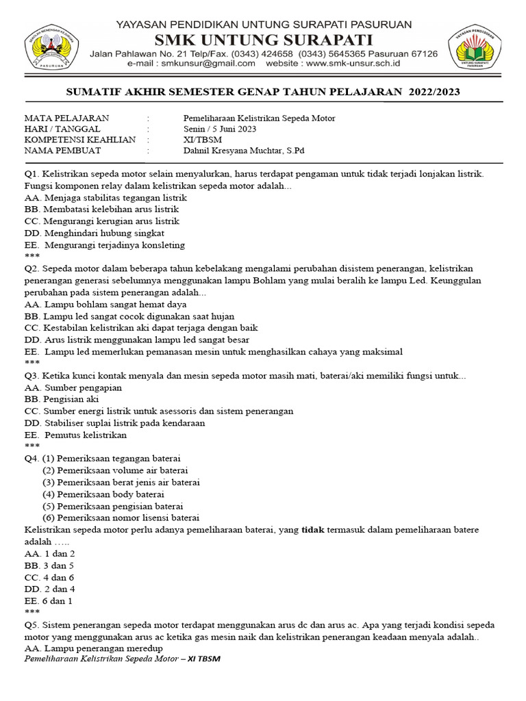 Soal Dan Kunci Jawaban UAS TBSM XI | PDF