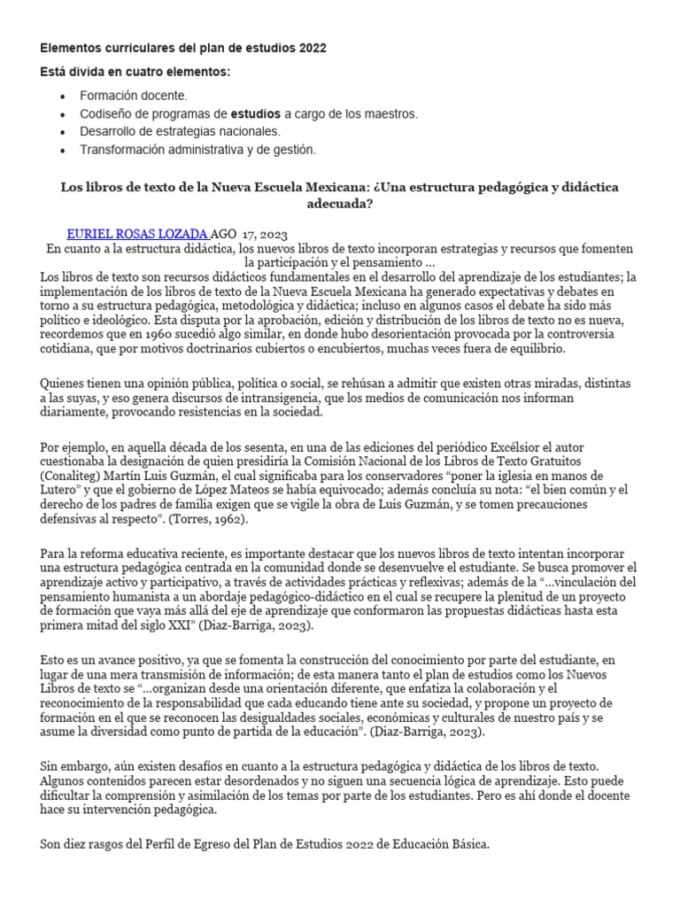 Elementos Curriculares Del Plan de Estudios 2022 | PDF | Plan de estudios | Educación de la ...