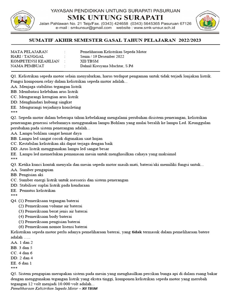 Ujian Kelistrikan Motor XII TBSM | PDF