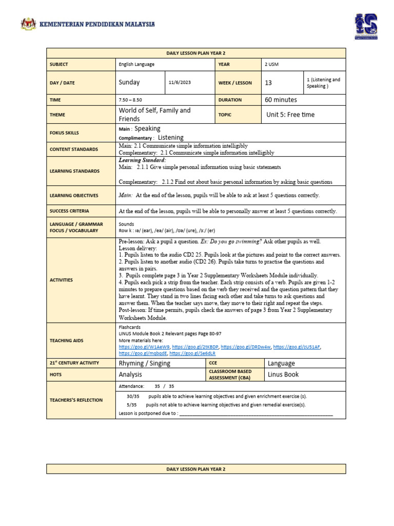 RPH Bi Year 2 Usm 2 Utm (Week 13) | PDF | Reading Comprehension ...