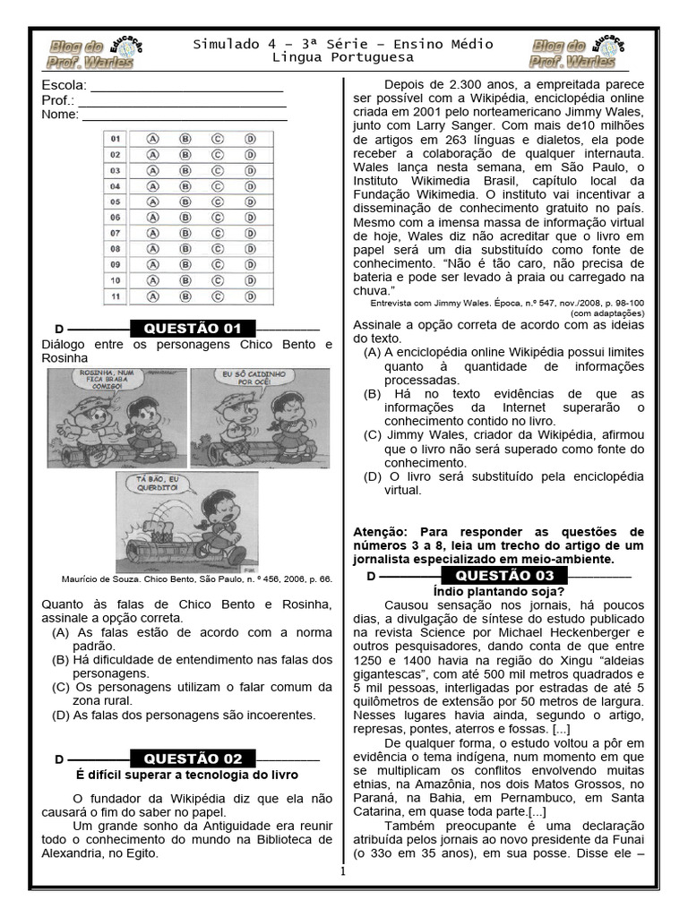 Simulado 7 - (Port. 3 Série E.M - Blog Do Prof. Warles) | PDF | Wikipedia