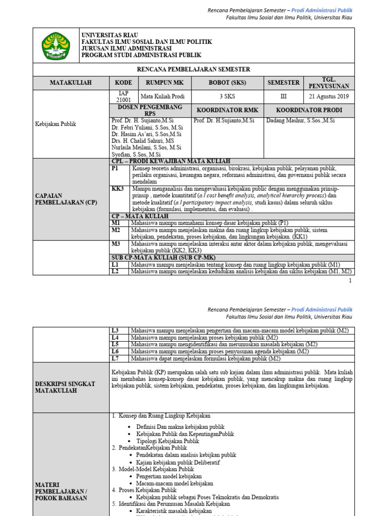Rps Kebijakan Publik | PDF | Sains & Matematika