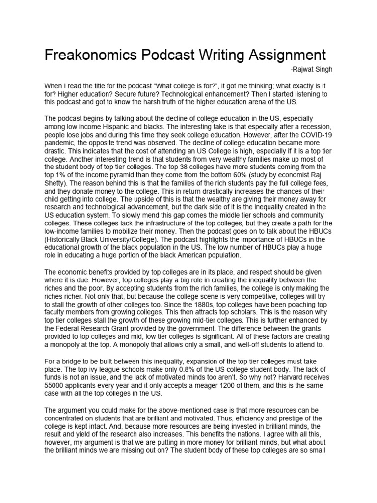 Freakonomics Podcast Writing Assignment | PDF | Poverty | Poverty ...