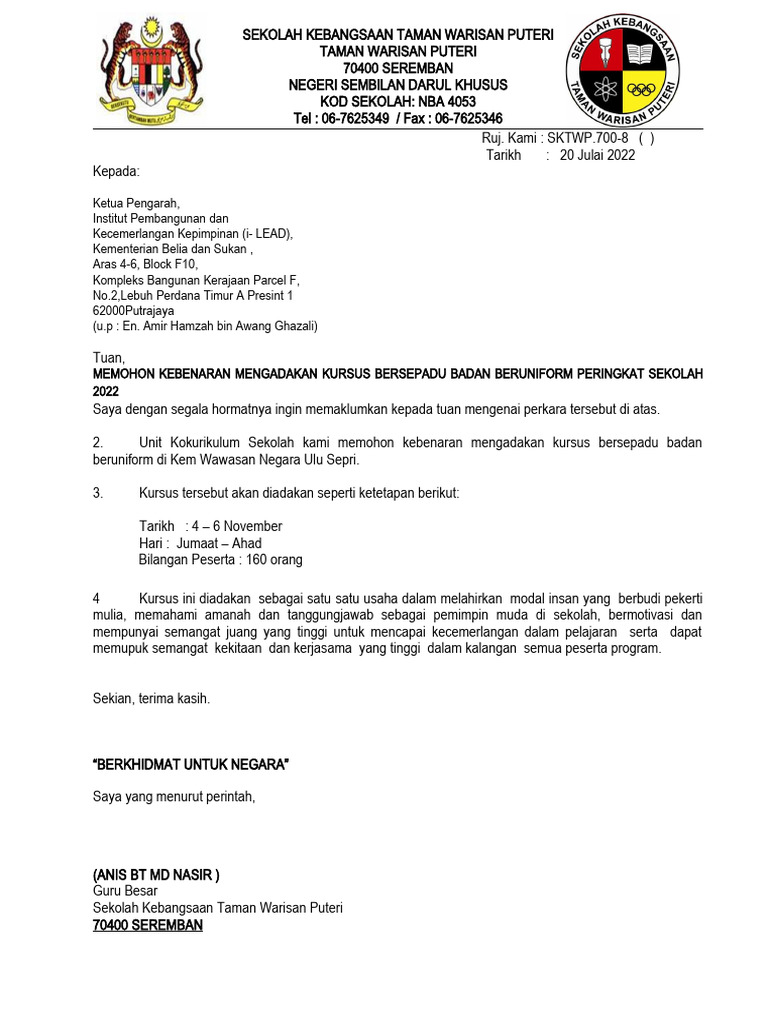 Surat Permohonan Kem Wawasan Ulu Sepri | PDF