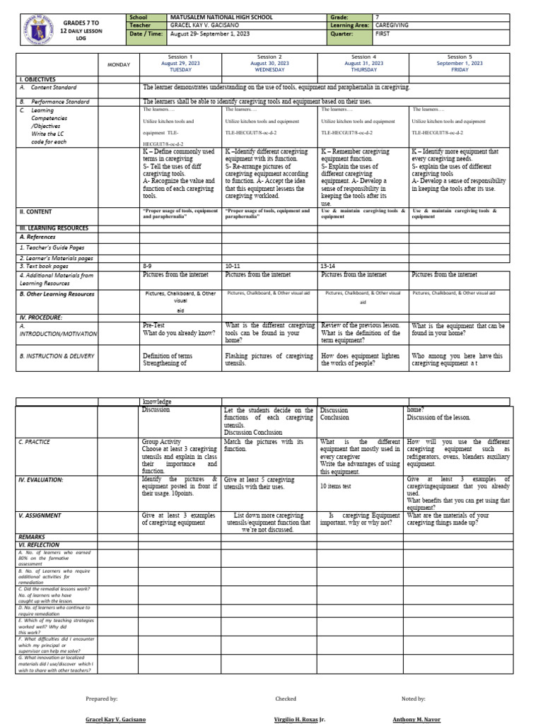 DLL - CAREGIVING WEEK1 | PDF | Learning | Education Theory