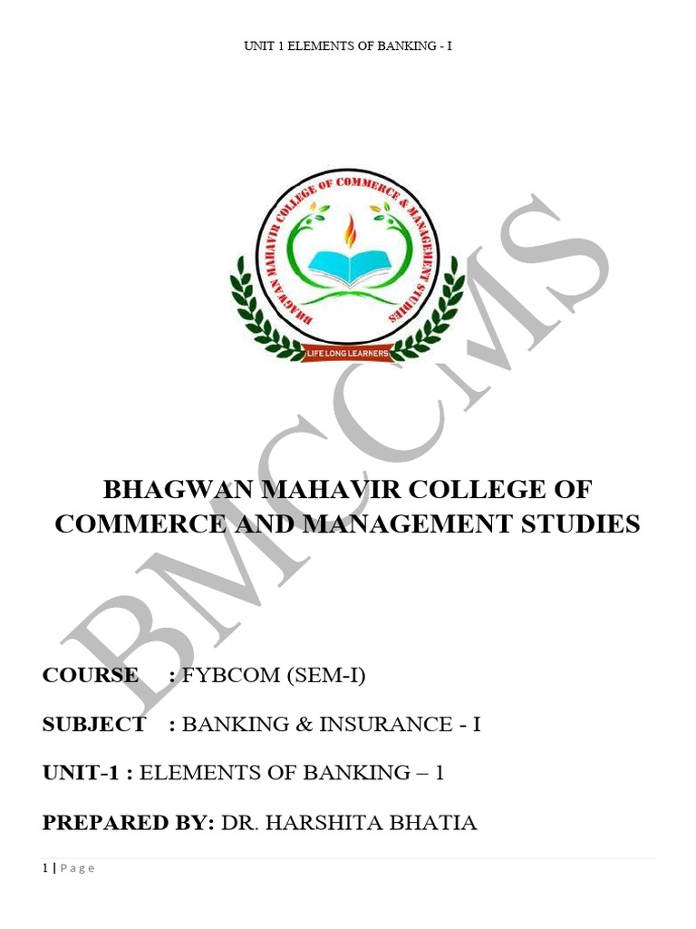 Unit 1 Elements of Banking - 1 | PDF | Reserve Bank Of India | Banks