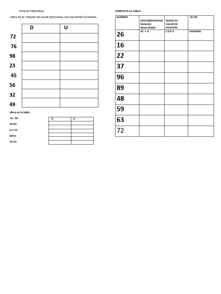 Ficha de Matemática Tablero de Valor Posicional . | PDF