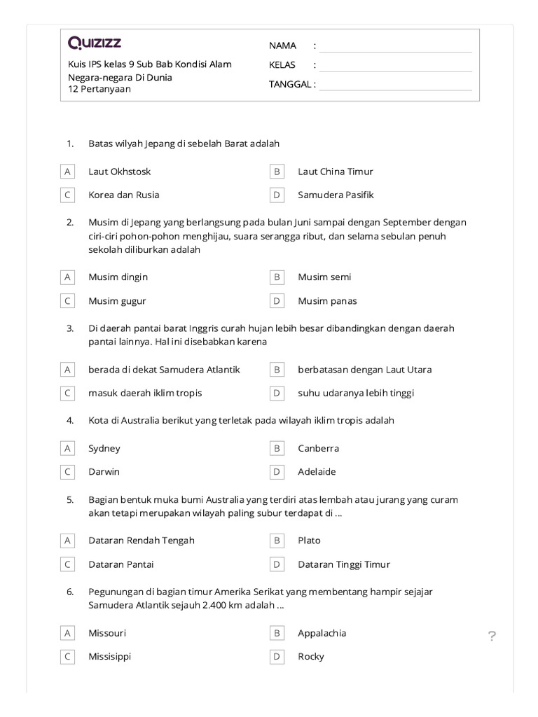 Kuis IPS Kelas 9 Sub Bab Kondisi Alam Negara-Negara Di Dunia | PDF