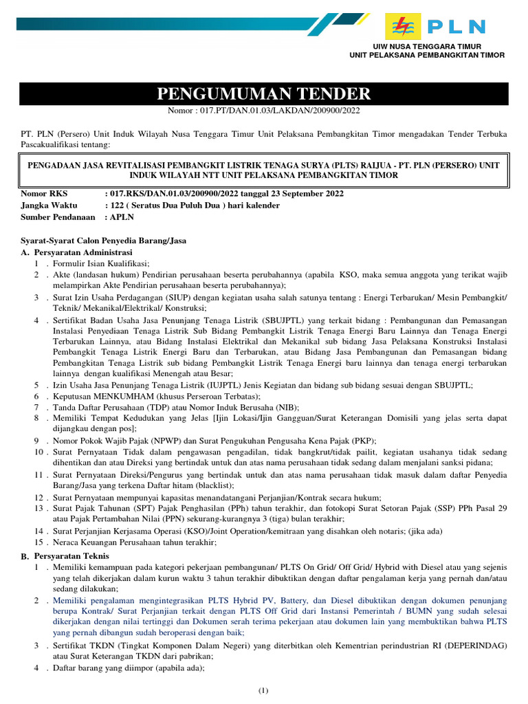 Tender PLTS Raijua 2025 oleh PLN | PDF