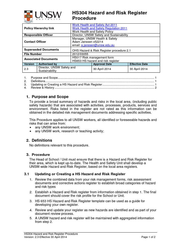 HS304 Hazard and Risk Register Procedure | PDF | Occupational Safety ...