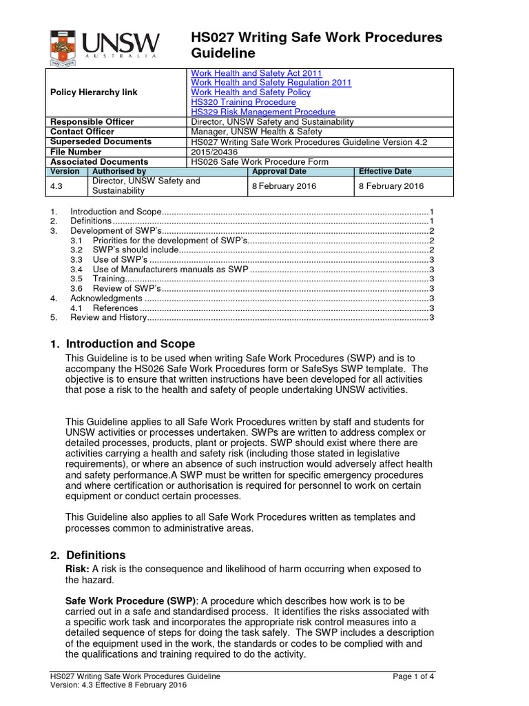 HS027 Writing Safe Work Procedures Guideline | PDF | Risk ...