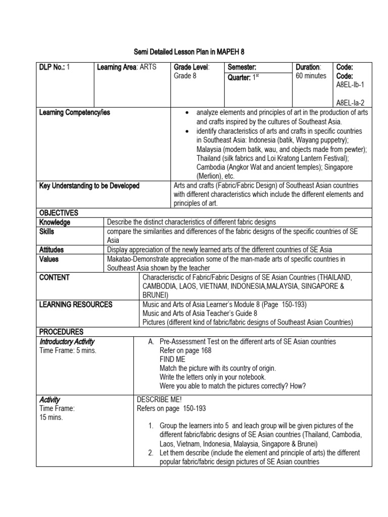 Semi Detailed Lesson Plan in MAPEH 8 | PDF | Southeast Asia | Asia