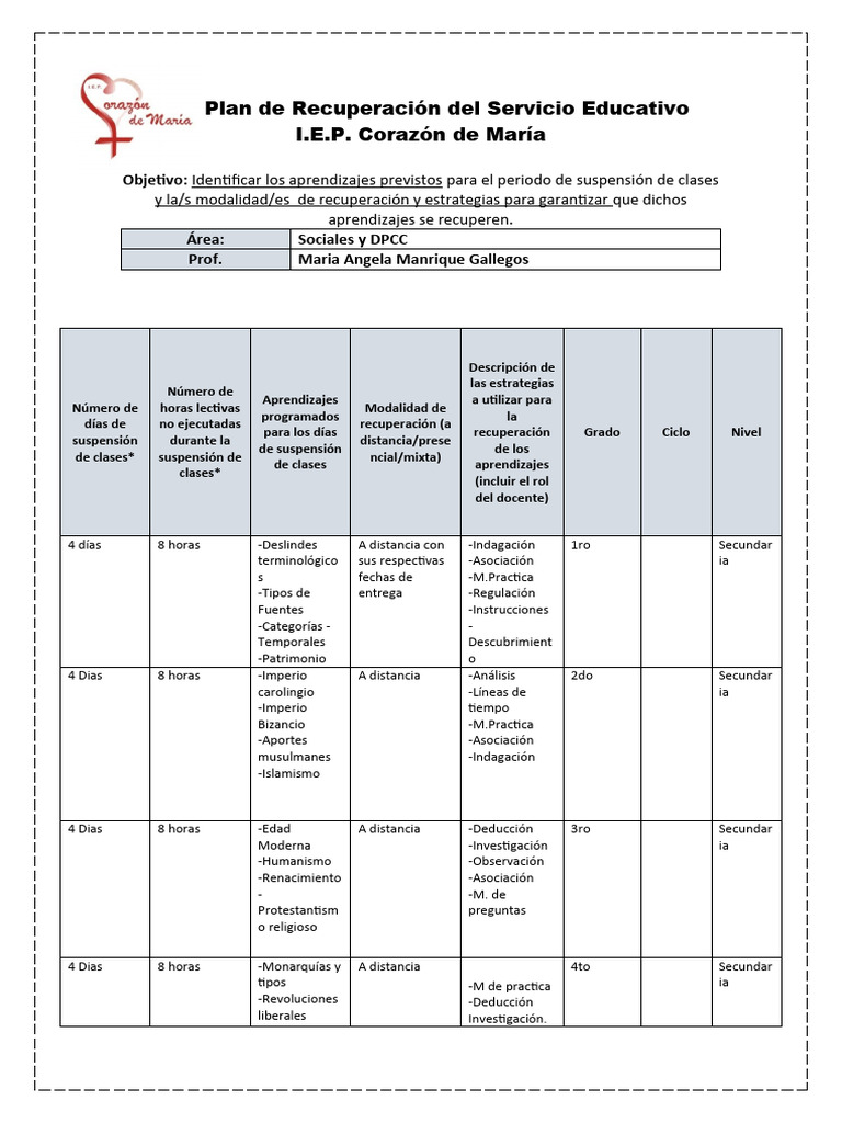 Esquema Plan Recuperacion Servicio Educativo | PDF | Aprendizaje ...
