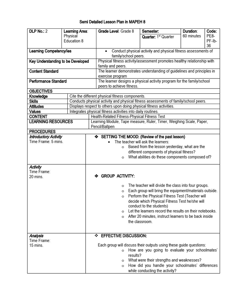 Pe8 Q1 DLP2 | PDF | Educational Assessment | Learning