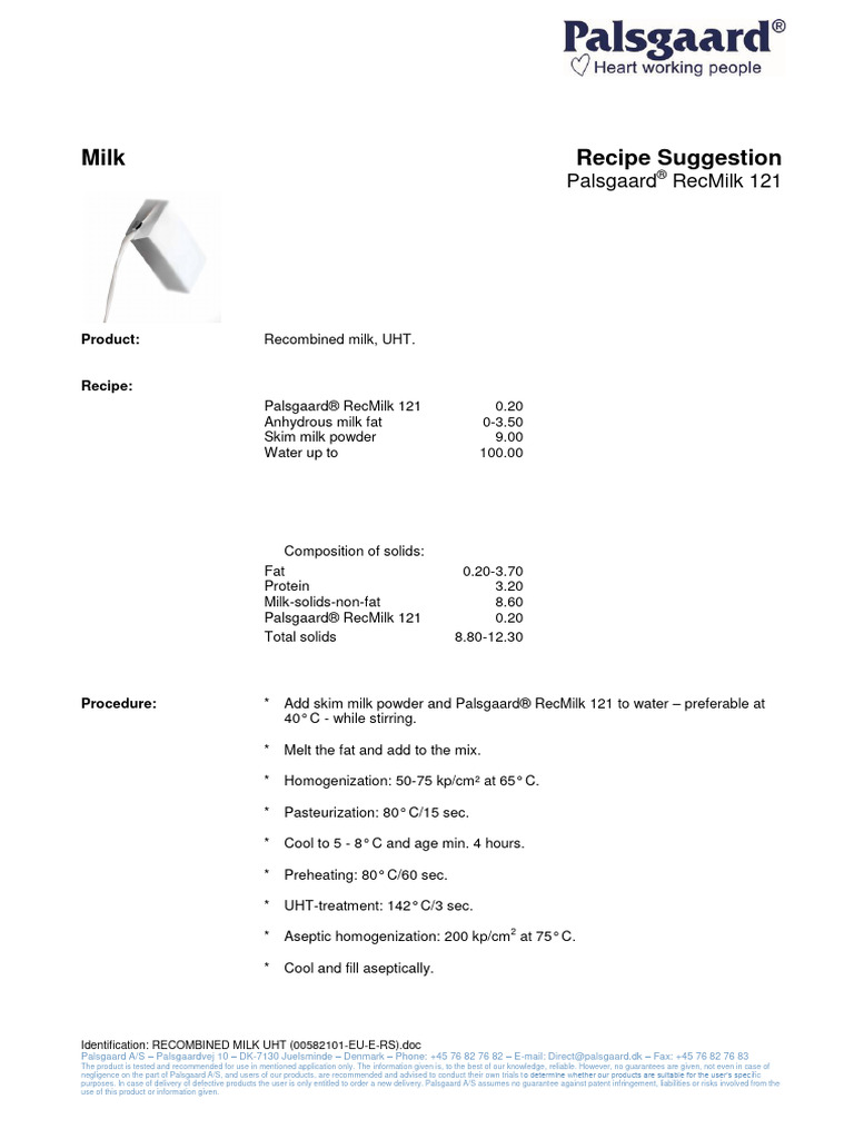 Recombined-milk-UHT-with-Palsgaard®-RecMilk-121 | PDF | Milk | Dairy ...