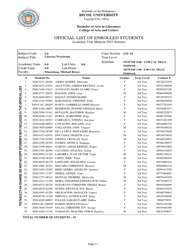 Official List of Enrolled Students: Bicol University | PDF