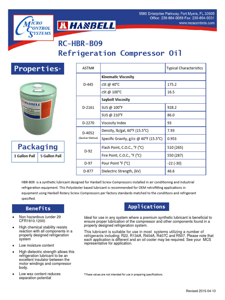 Hanbell Lubricant Spec Sheet HBR-B09 | PDF | Viscosity | Lubricant