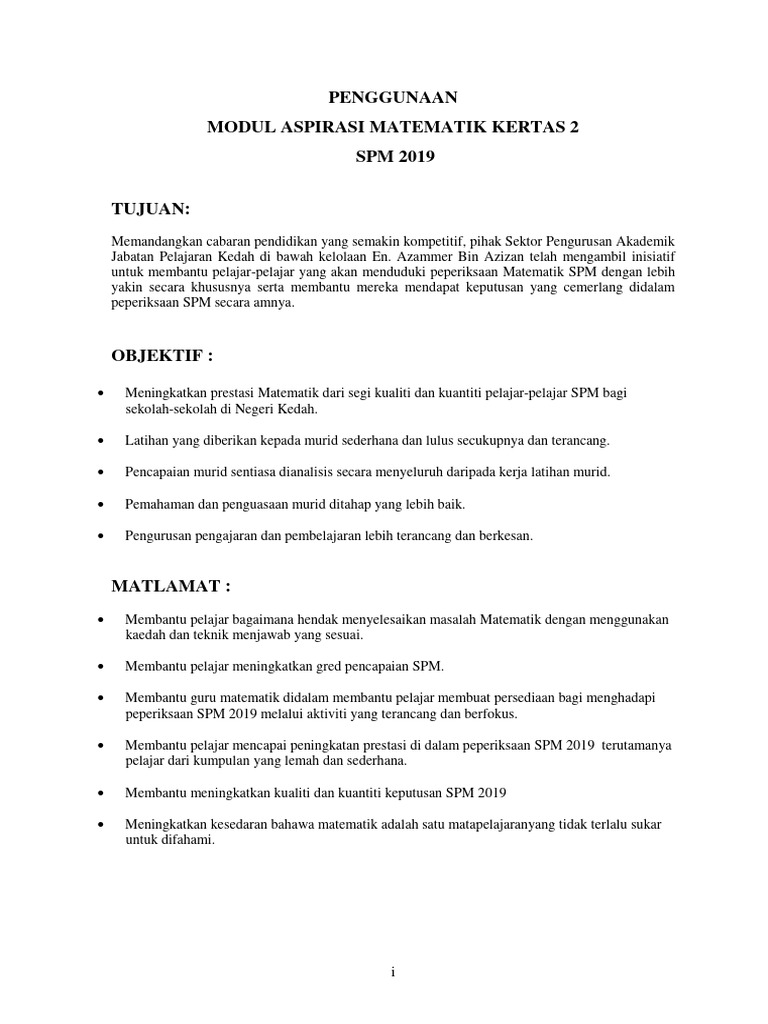 Penggunaan Modul Aspirasi Matematik SPM 2019 | PDF