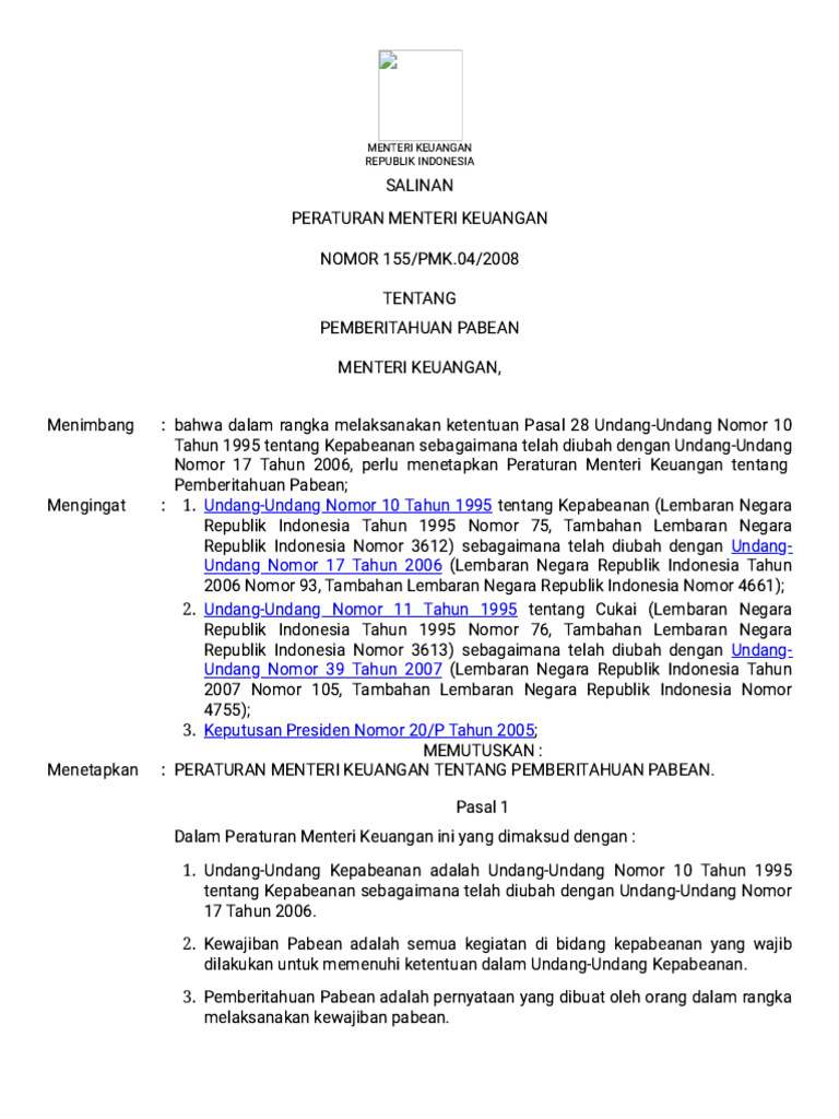 MENTERI KEUANGAN Pemberitahuan Pabean | PDF