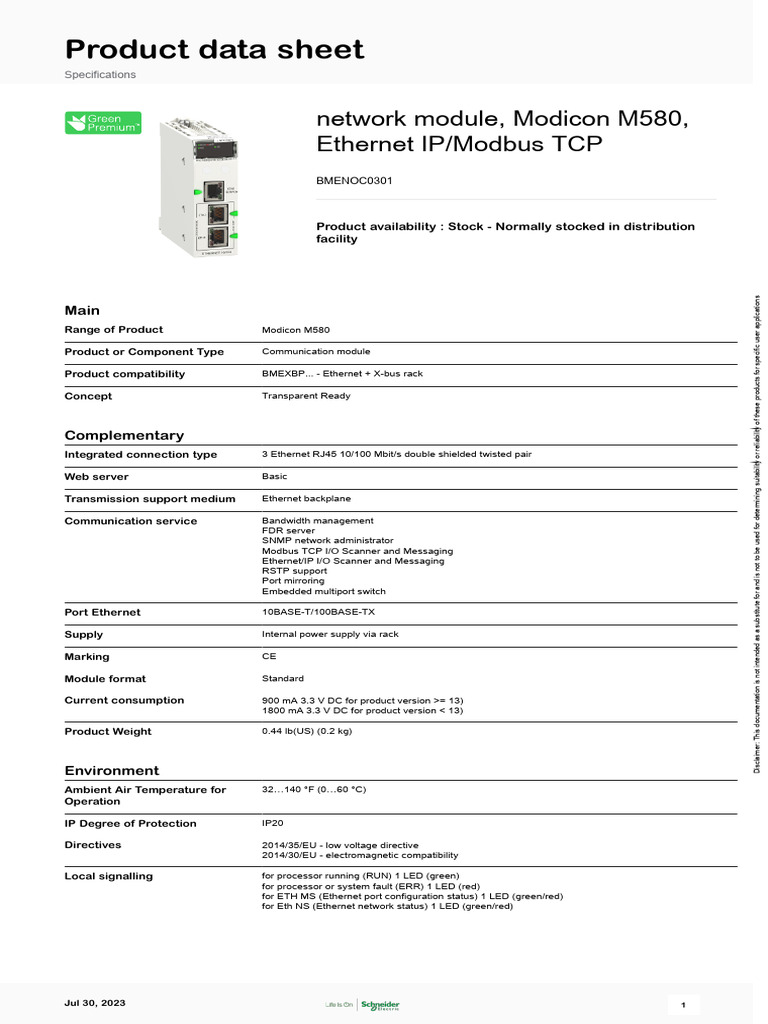 Modicon M580 PAC Controller - BMENOC0301 | PDF | Ethernet | Computer Network
