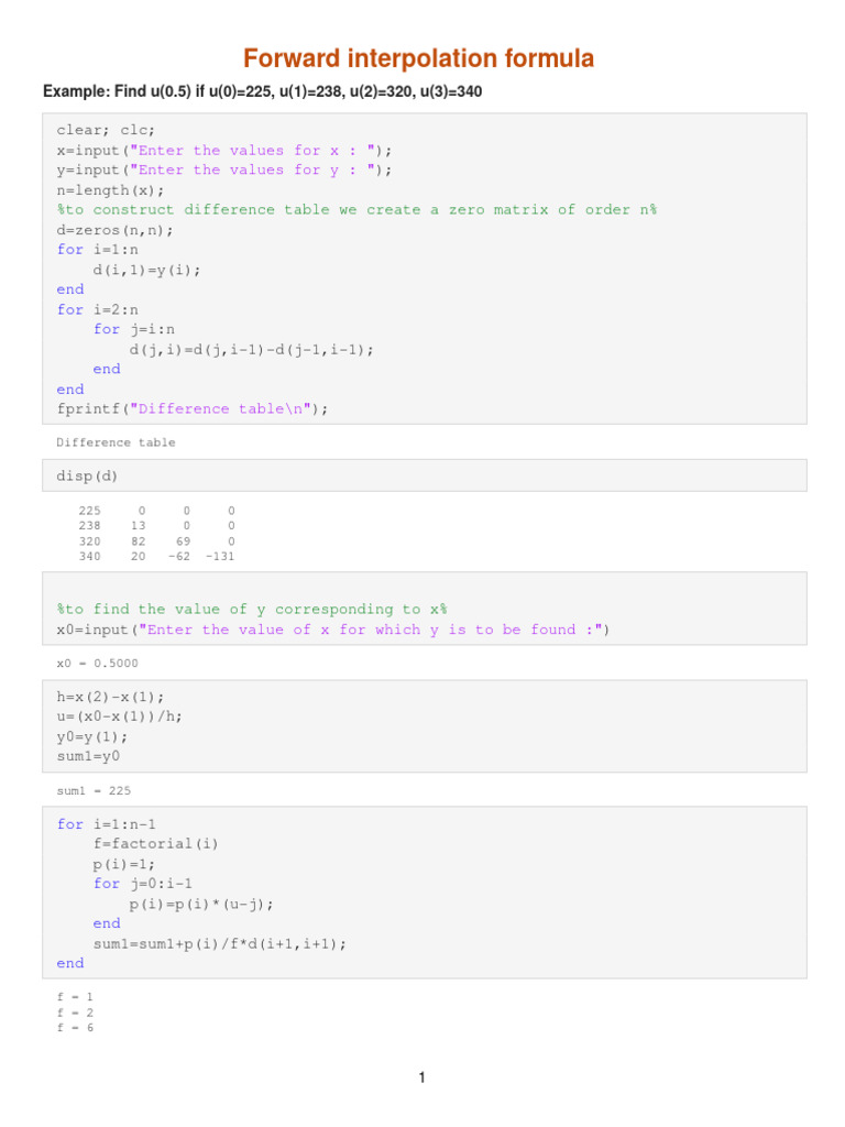 Newtons Difference Table Matlab Code | PDF