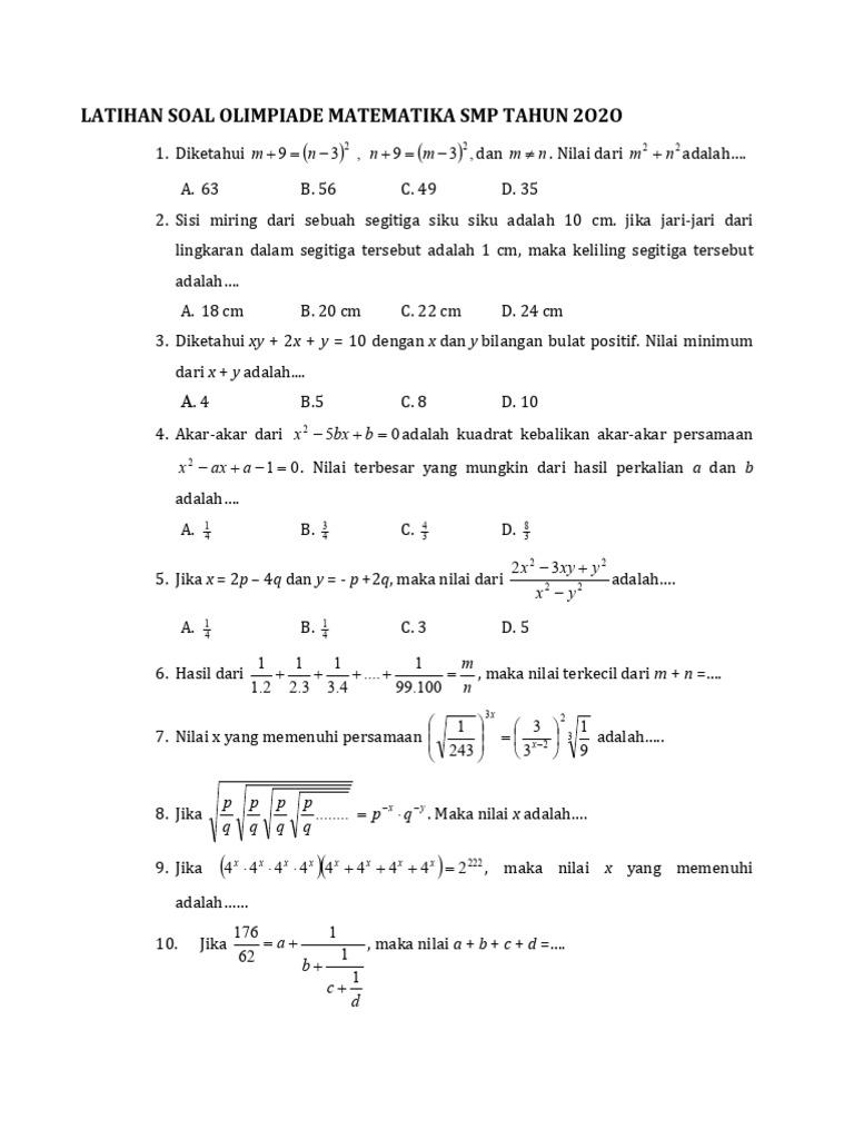 Latihan Soal Olimpiade Matematika SMP Tahun 2o2o | PDF