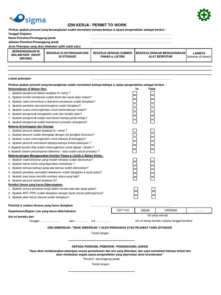 Form IZIN KERJA (PTW) Dan JSA | PDF