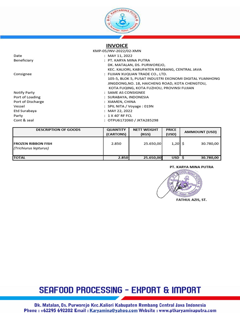 Invoice: Description of Goods Nett Weight Price (KGS) (USD) Frozen ...